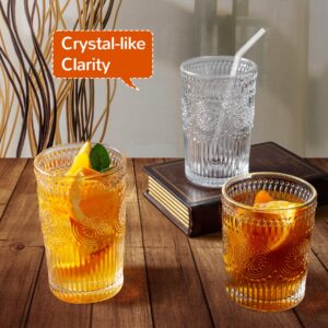 Lvtrupc 10Pcs Vintage Drinking Glasses - Romantic Highball Glasses & Rocks Glasses, Striped Glass Tumbler Cups for Water Coffee Juice Cocktail, Luxurious Floral Embossed Clear Glassware Set