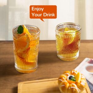 Lvtrupc 10Pcs Vintage Drinking Glasses - Romantic Highball Glasses & Rocks Glasses, Striped Glass Tumbler Cups for Water Coffee Juice Cocktail, Luxurious Floral Embossed Clear Glassware Set