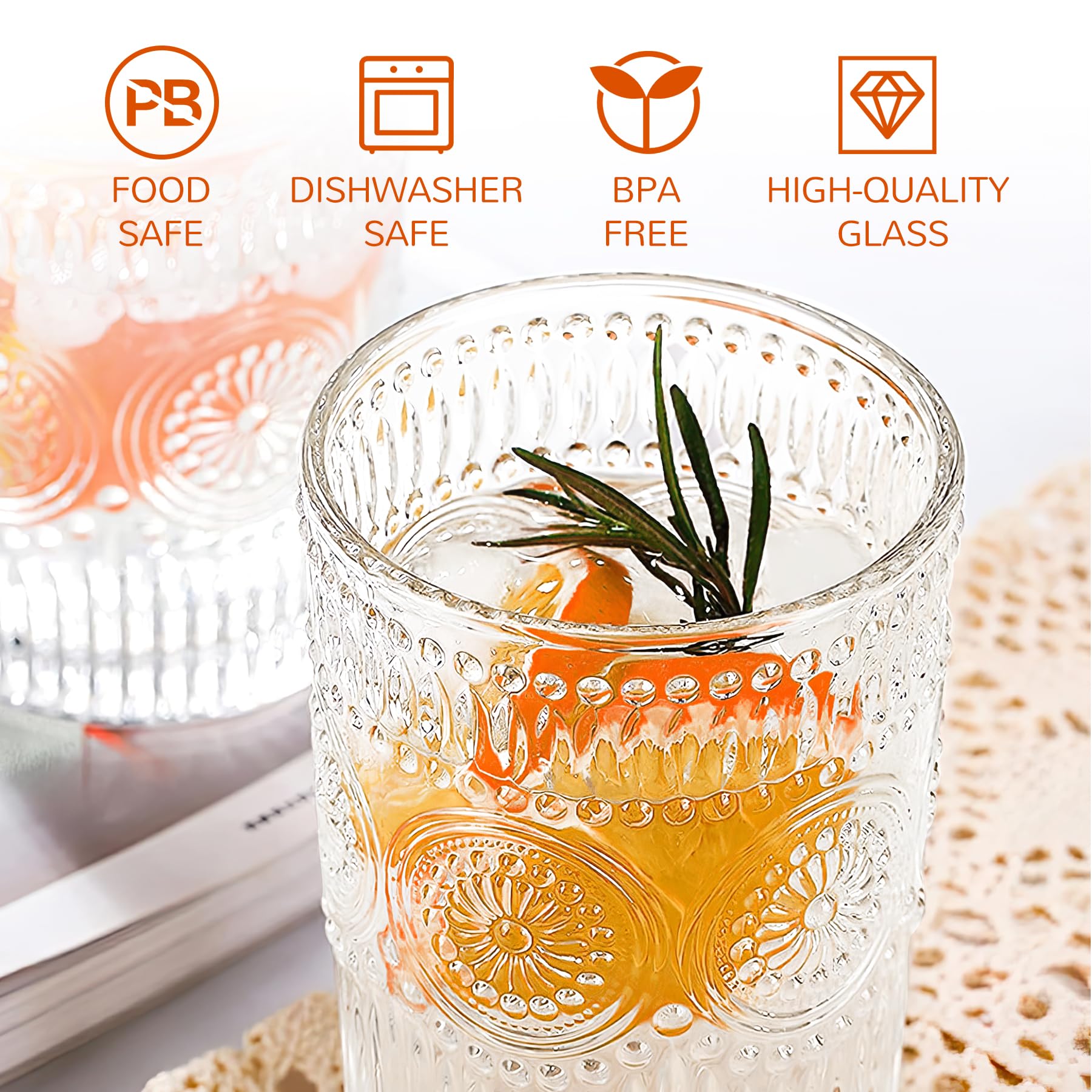 Lvtrupc 10Pcs Vintage Drinking Glasses - Romantic Highball Glasses & Rocks Glasses, Striped Glass Tumbler Cups for Water Coffee Juice Cocktail, Luxurious Floral Embossed Clear Glassware Set