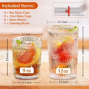 Lvtrupc 10Pcs Vintage Drinking Glasses - Romantic Highball Glasses & Rocks Glasses, Striped Glass Tumbler Cups for Water Coffee Juice Cocktail, Luxurious Floral Embossed Clear Glassware Set