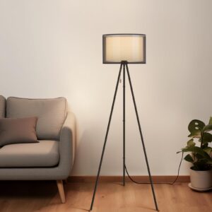 KDG Modern Floor Lamp for Living Room, Tall Tripod Floor Lamp Corner Lighting, Fabric Lampshade LED Bulb Bright Pole Light, High Light for Bedroom, Reading, Office, Study Room, Warm Light(Black)