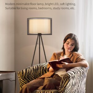 KDG Modern Floor Lamp for Living Room, Tall Tripod Floor Lamp Corner Lighting, Fabric Lampshade LED Bulb Bright Pole Light, High Light for Bedroom, Reading, Office, Study Room, Warm Light(Black)