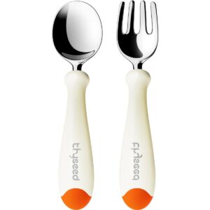 thyseed toddler utensils fork spoon set kids self feeding flatware with case stainless steel orange 1 pack