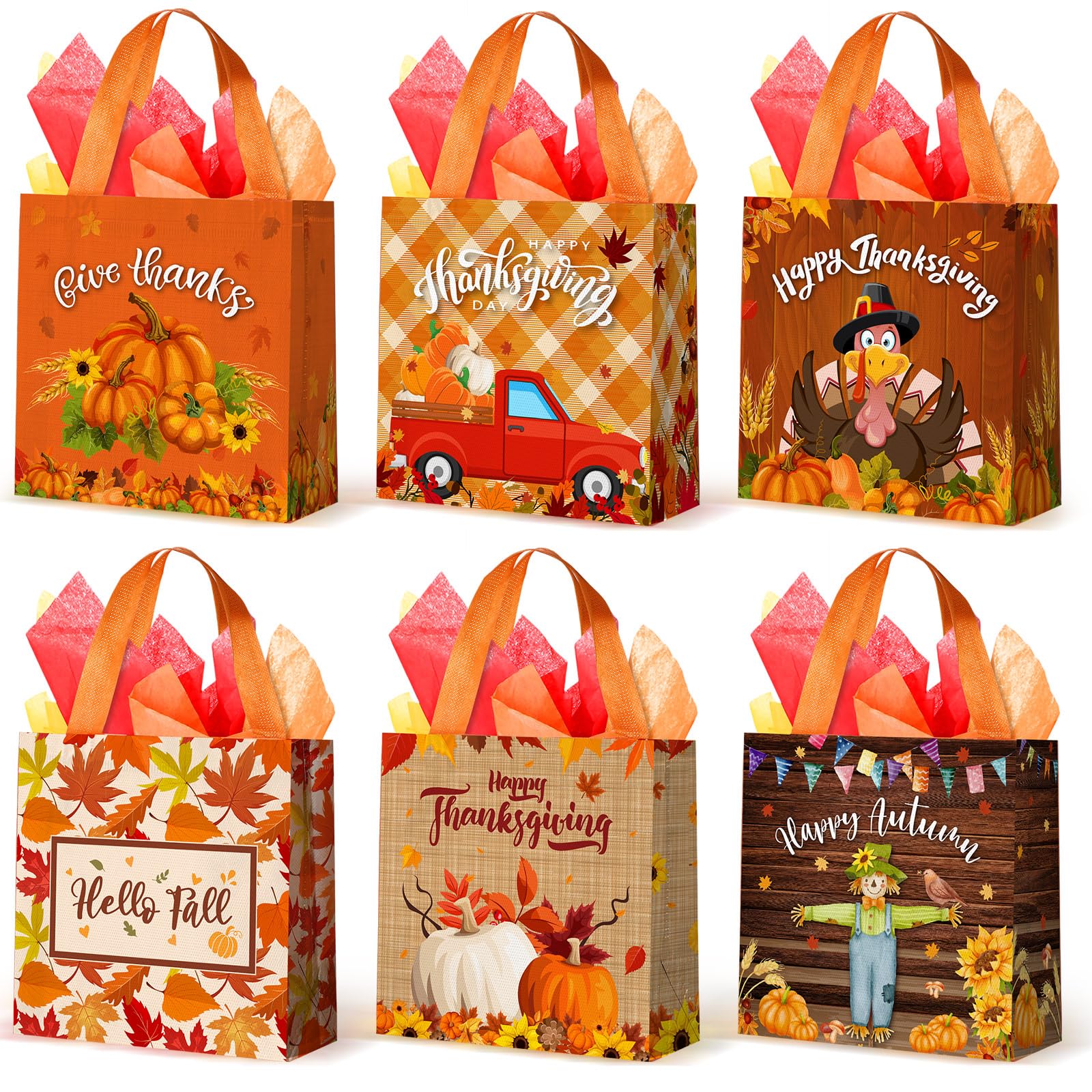 Sweetude 36 Pack Thanksgiving Non Woven Tote Bags Bulk Reusable Fall Gift Bags Pumpkin Turkey Bags with Handles Autumn Goodie Shopping Bags with Tissue Paper for Fall Thanksgiving Party Favors