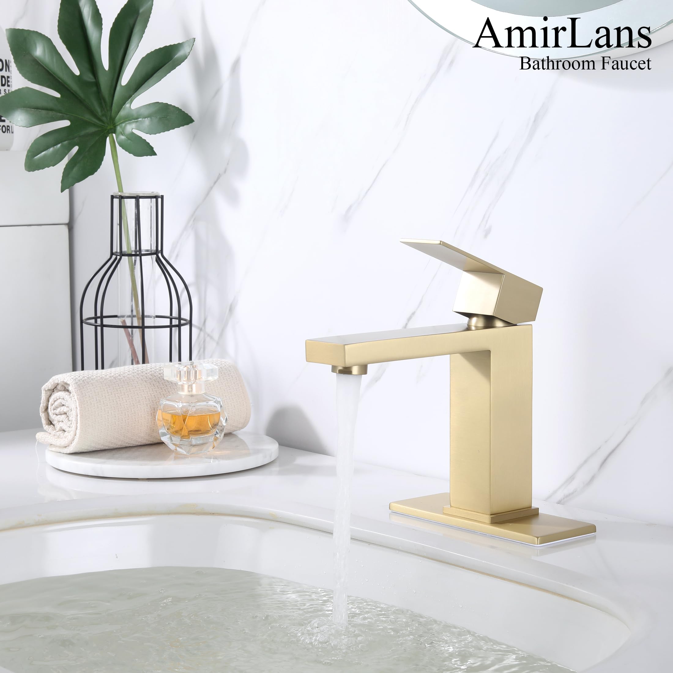 AmirLans Brushed Gold Bathroom Faucet Single Hole, Single Handle Stainless Steel Faucet for Bathroom Sink with Pop Up Stopper, Gold Vanity Faucet AML-1141-BG