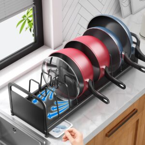 pots and pans organizer, expandable pot and pan organizer for cabinet with drain board,heavy duty plate pot lid organizer rack holder for countertops, kitchen pantry cookware organizer and storage