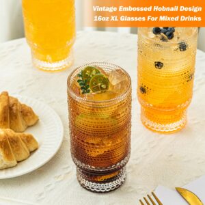 KEMORELA Elegant Highball Glassware Set - 16oz XL Glasses - Mixed Drinks, Iced Coffee, Beer, Juice, Water - Hobnail, Beaded Designs - Set of 4 | Stylish Collection for Any Occasion