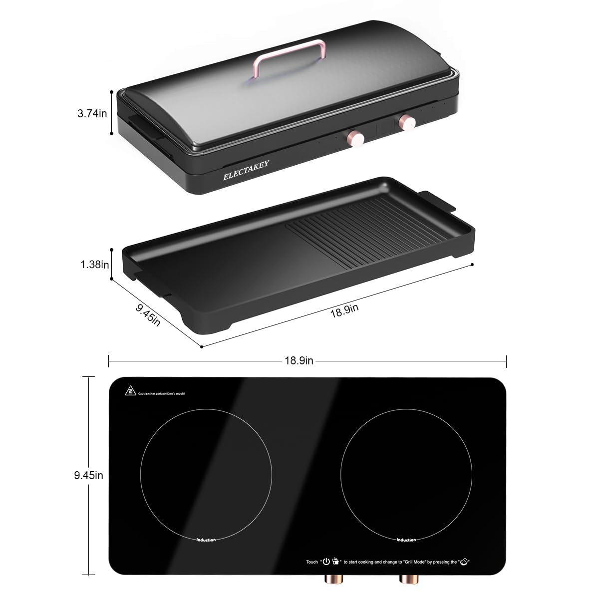 Induction Cooktop 2 Burner with Removable Cast Iron Griddle Pan Non-Stic,Portable Double Induction Cooktop with Timer&Digital Temperature Control,Black