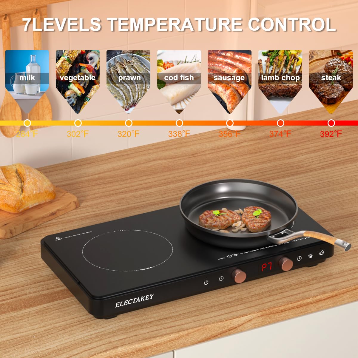 Induction Cooktop 2 Burner with Removable Cast Iron Griddle Pan Non-Stic,Portable Double Induction Cooktop with Timer&Digital Temperature Control,Black