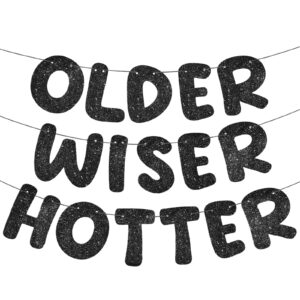 fulmoon set of 3 pre strung older wiser hotter glitter banner funny birthday banner for women 30th 40th 50th 60th 70th 80th birthday party decorations birthday sign birthday gift (black)