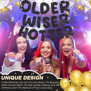 Fulmoon Set of 3 Pre Strung Older Wiser Hotter Glitter Banner Funny Birthday Banner for Women 30th 40th 50th 60th 70th 80th Birthday Party Decorations Birthday Sign Birthday Gift (Black)