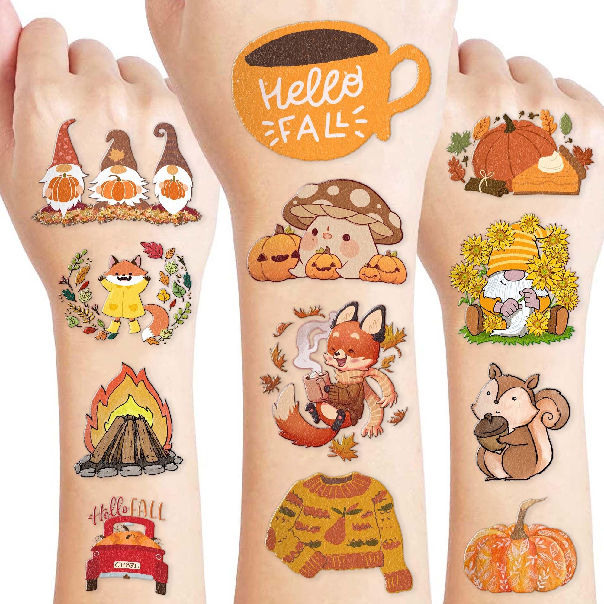 Fall Temporary Tattoos Sticker for Kids 93PCS Fall Themed Birthday Party Supplies Decorations Party Favors Autumn Pumpkin Leaf Fox Halloween Cute Kids Boy Girls Gifts Ideal School Prizes