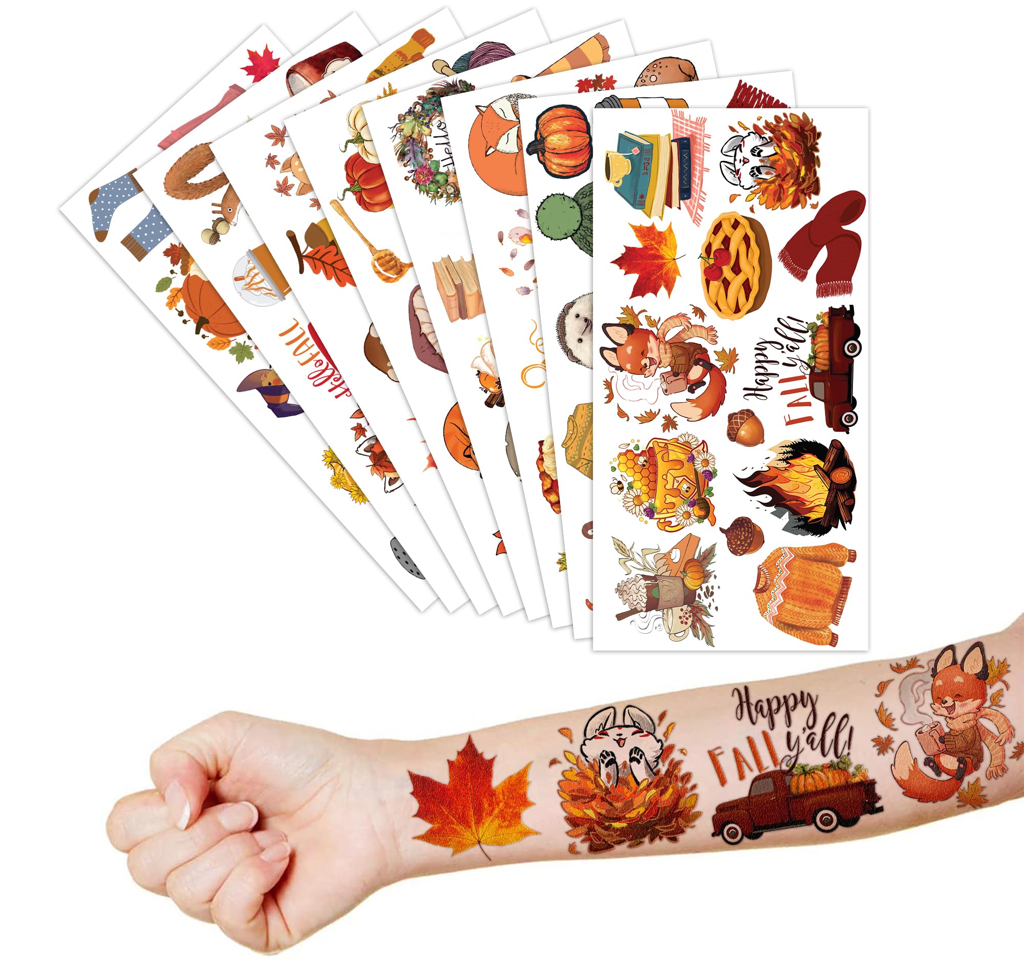 Fall Temporary Tattoos Sticker for Kids 93PCS Fall Themed Birthday Party Supplies Decorations Party Favors Autumn Pumpkin Leaf Fox Halloween Cute Kids Boy Girls Gifts Ideal School Prizes