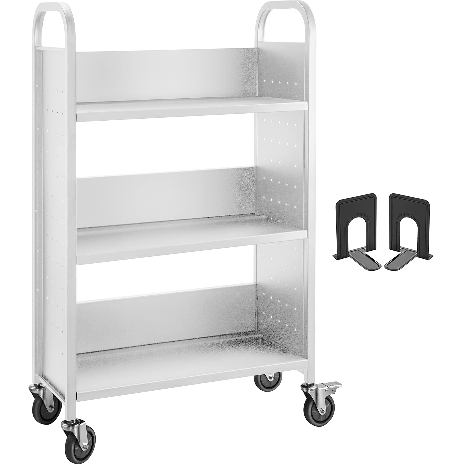 VEVOR Book Cart, 200lbs Library Cart, 30x14x49 Inch Rolling Book Cart Single Sided L-Shaped Flat Shelves with 4 Inch Lockable Wheels, for Home Shelves Office and School Book Truck in White