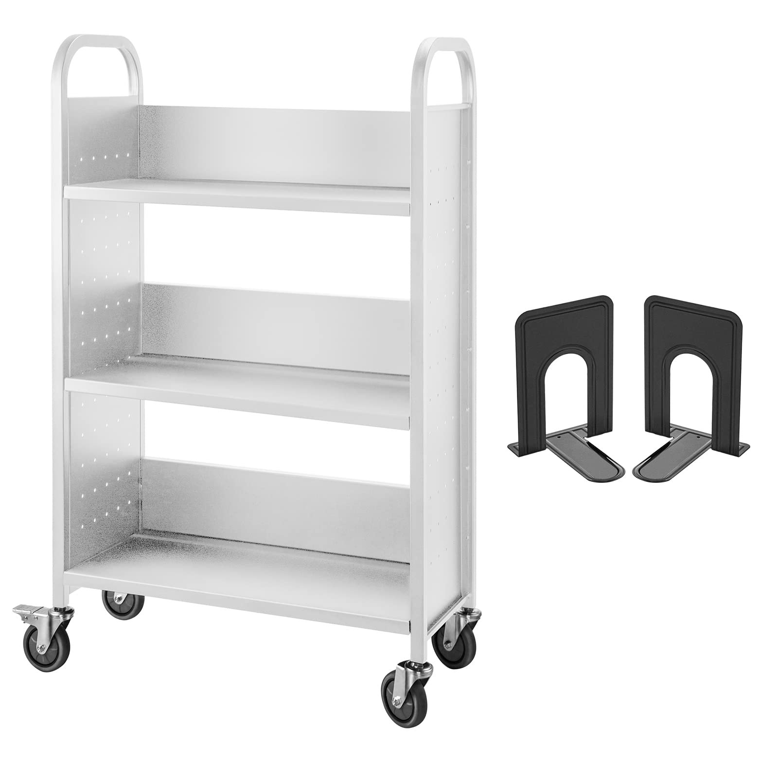 VEVOR Book Cart, 200lbs Library Cart, 30x14x49 Inch Rolling Book Cart Single Sided L-Shaped Flat Shelves with 4 Inch Lockable Wheels, for Home Shelves Office and School Book Truck in White