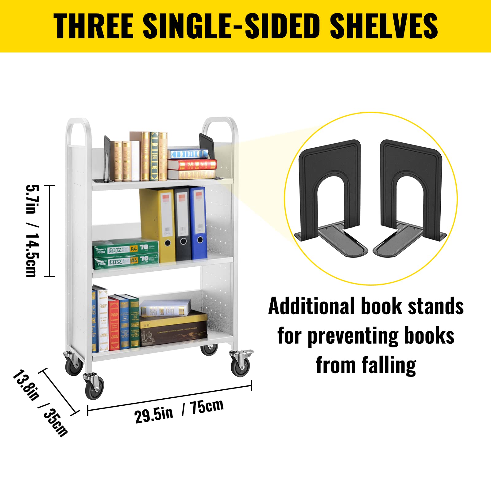 VEVOR Book Cart, 200lbs Library Cart, 30x14x49 Inch Rolling Book Cart Single Sided L-Shaped Flat Shelves with 4 Inch Lockable Wheels, for Home Shelves Office and School Book Truck in White