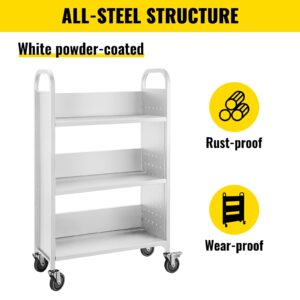 VEVOR Book Cart, 200lbs Library Cart, 30x14x49 Inch Rolling Book Cart Single Sided L-Shaped Flat Shelves with 4 Inch Lockable Wheels, for Home Shelves Office and School Book Truck in White