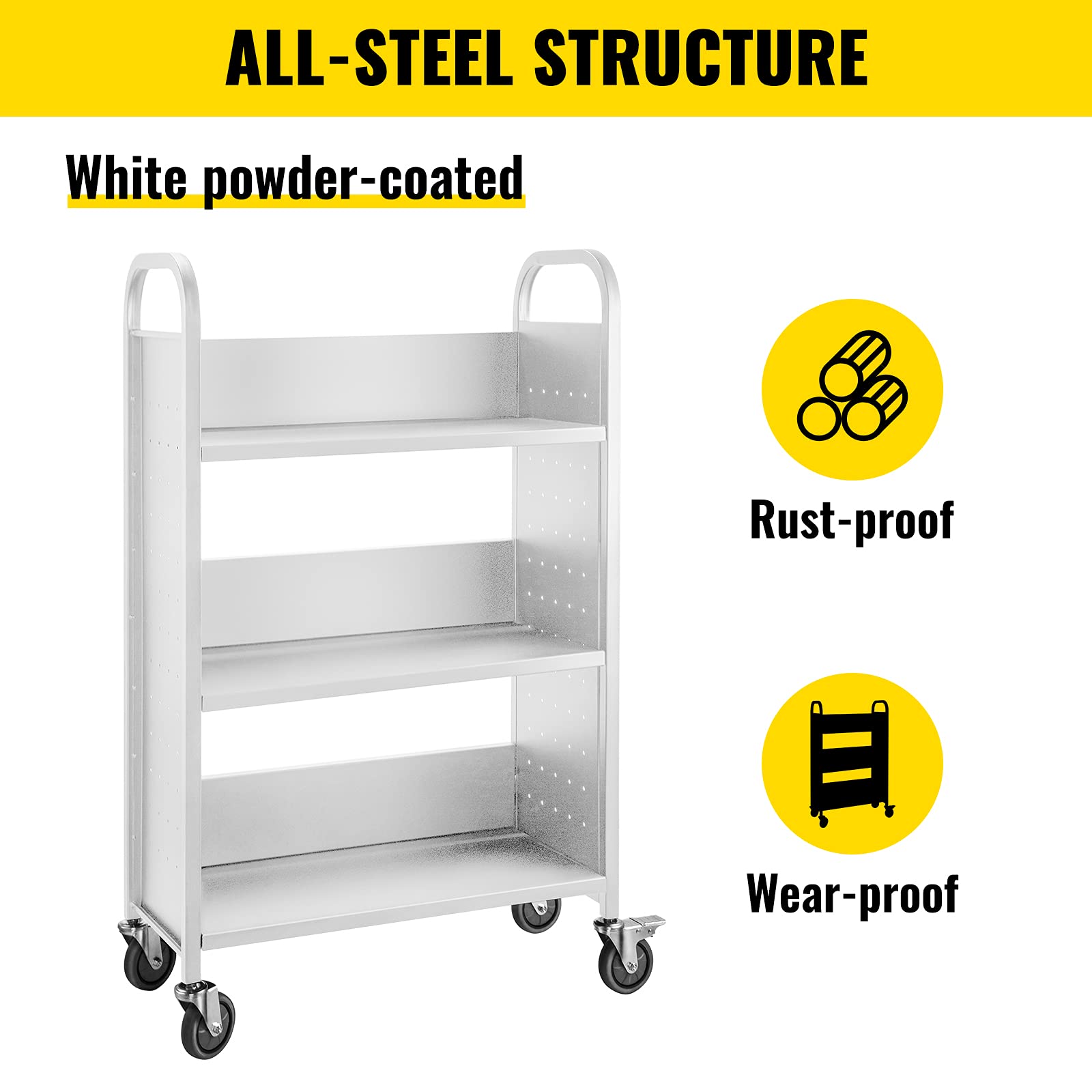 VEVOR Book Cart, 200lbs Library Cart, 30x14x49 Inch Rolling Book Cart Single Sided L-Shaped Flat Shelves with 4 Inch Lockable Wheels, for Home Shelves Office and School Book Truck in White