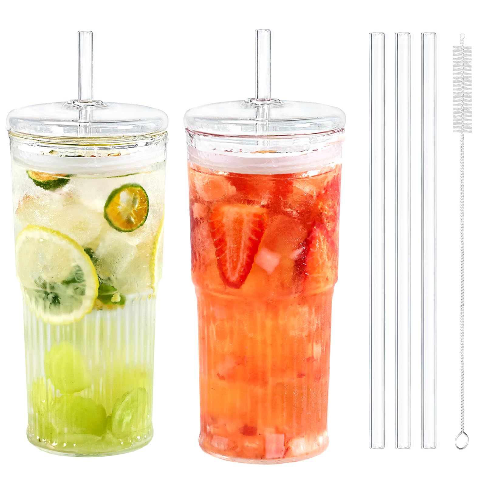 Puraville 2 Pack 20oz Glass Cups with Lids and Straws, Mason Jar Drinking Glasses Iced Coffee Cup, Glass Tumbler Smoothie Cup for Long Drinks