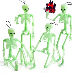 toy life 4 pcs halloween hanging skeleton decoration glow in the dark, 16” posable skeleton halloween decoration, skeleton decor, halloween decorations outdoor indoor, halloween party decoration