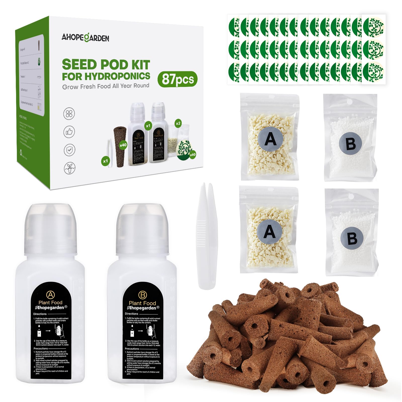 87pcs Seed Compatible with Aerogarden and All Brands - Grow Anything Kit for Indoor Garden Hydroponics Growing System with 40 Grow sponges, 40 Pod Labels, 6 A&B Plant Food, 1 Tweezers