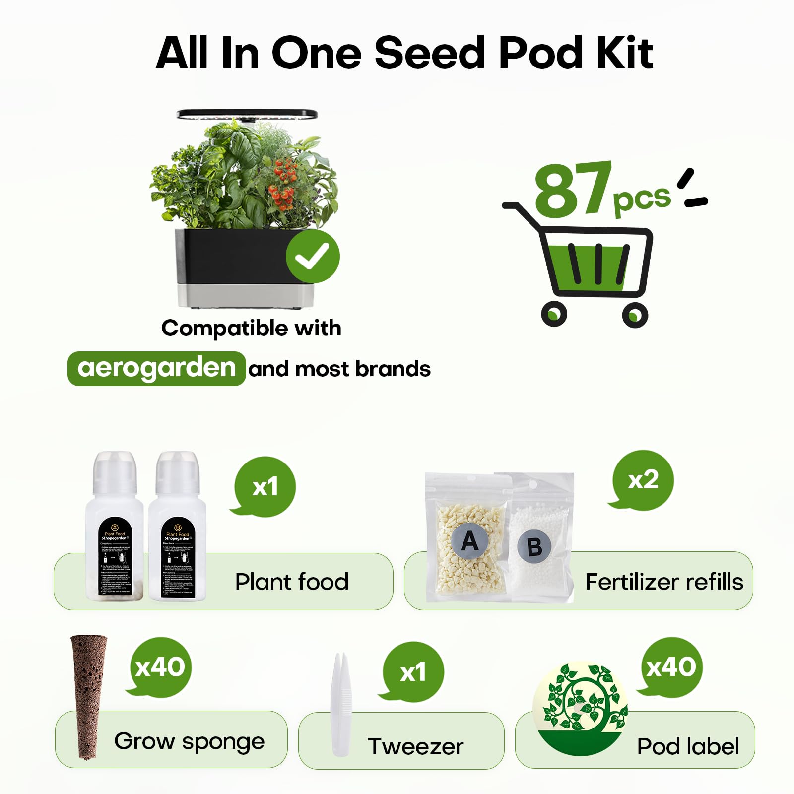 87pcs Seed Compatible with Aerogarden and All Brands - Grow Anything Kit for Indoor Garden Hydroponics Growing System with 40 Grow sponges, 40 Pod Labels, 6 A&B Plant Food, 1 Tweezers