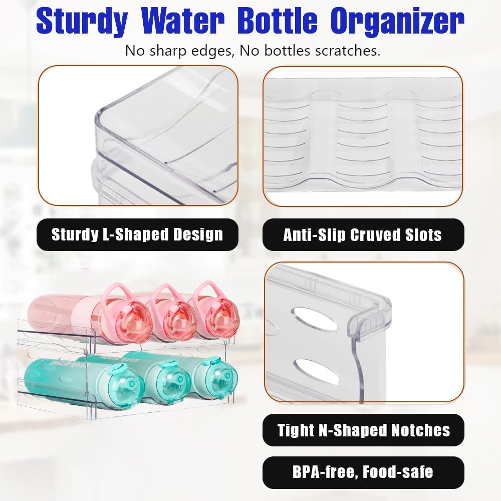 boailydi Water Bottle Organizer for Cabinet, Stackable Water Bottle Racks for Kitchen Pantry Organization and Storage -2 Packs, Hold 6 Bottles, Clear