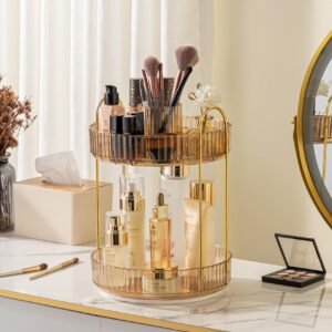 laechatar rotating makeup organizer for vanity 2 tiers, large capacity skincare organizers and storage, perfume organizer countertop, spinning bathroom lazy susan (vintage gold)