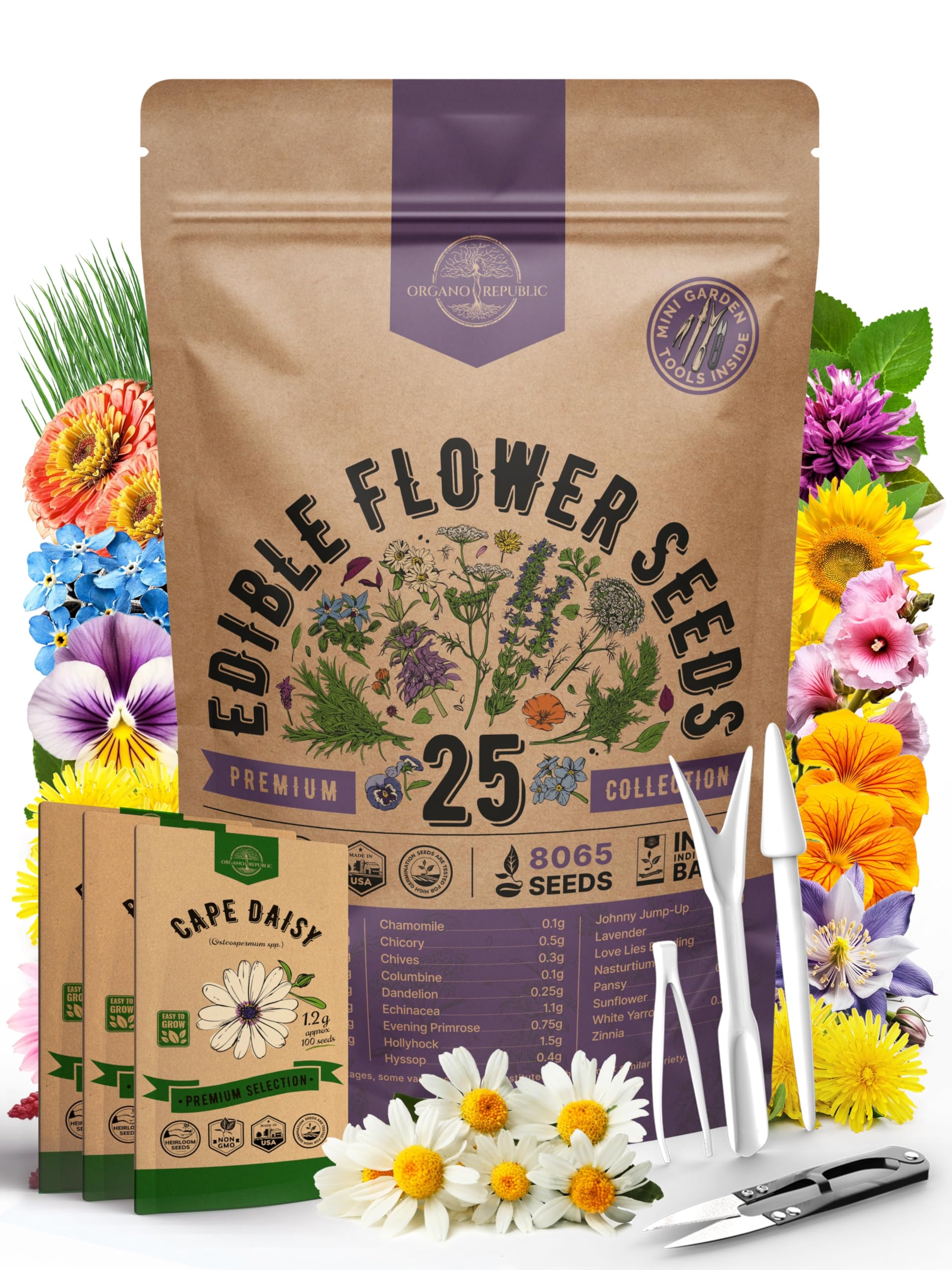 Organo Republic 25 Edible Flower Seeds Variety Pack- Indoor/Outdoor. 8000+ Non-GMO Heirloom: Anise, Hyssop, Nasturtium, Pansy, Echinacea, Lavender, Chives Seeds & More