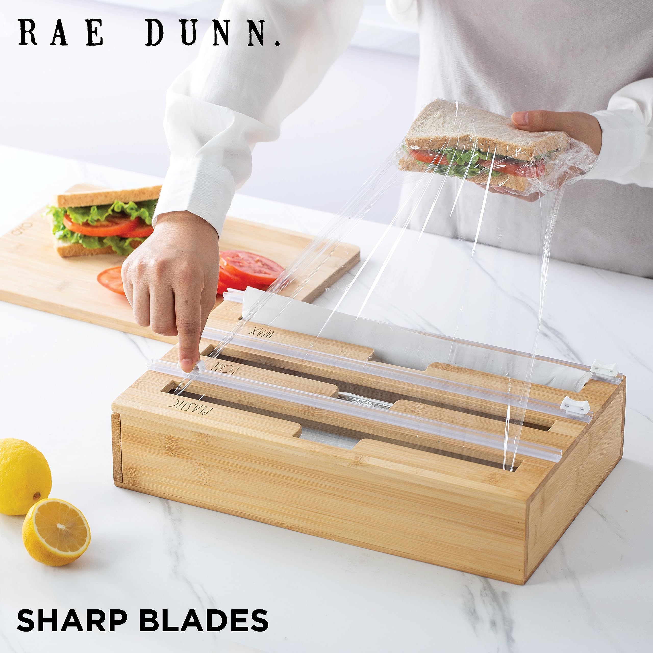 Rae Dunn 3 in 1 Wrap Organizer with Cutter, Plastic Wrap, Aluminum Foil and Wax Bamboo Dispenser for Kitchen Storage Organization Holder for 12" Roll