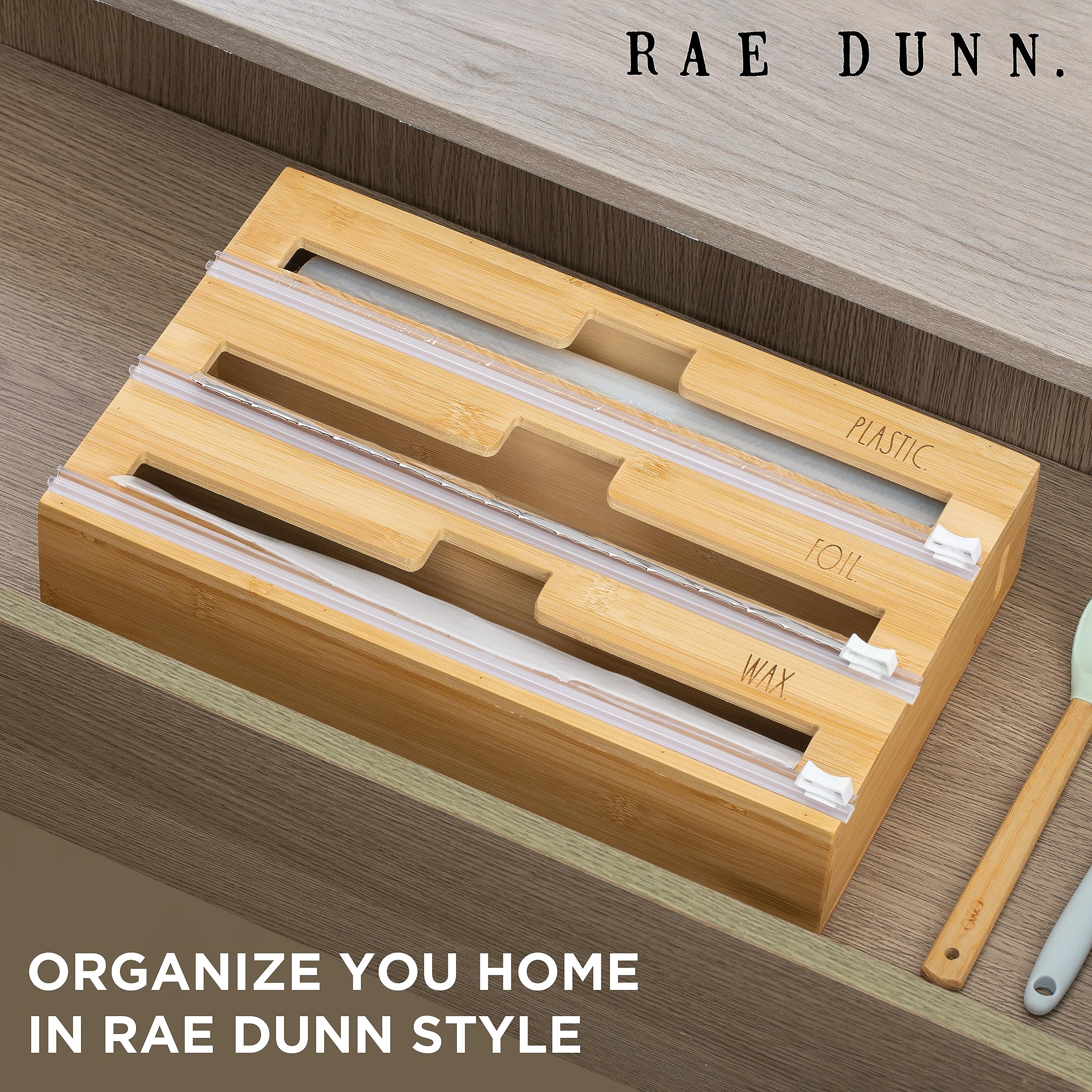 Rae Dunn 3 in 1 Wrap Organizer with Cutter, Plastic Wrap, Aluminum Foil and Wax Bamboo Dispenser for Kitchen Storage Organization Holder for 12" Roll