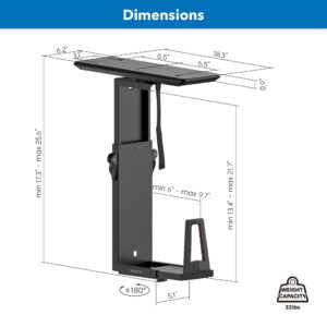 Mount-It! CPU Under Desk Mount Bracket, Height Adjustable Heavy Duty Computer Tower Desk Mount with Sliding Track, 44 lbs Weight Capacity, Adjustable Width and 360° Swivel Easy Cable Access, Black