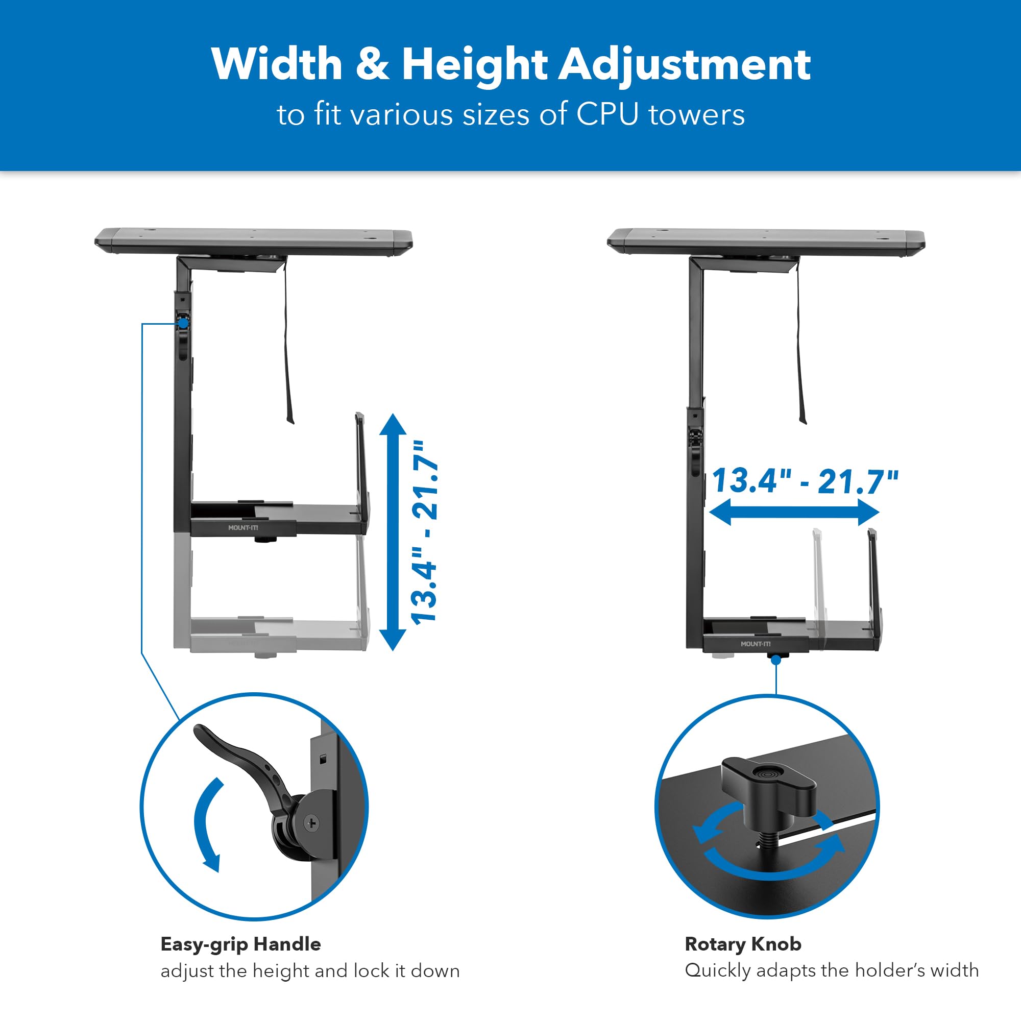 Mount-It! CPU Under Desk Mount Bracket, Height Adjustable Heavy Duty Computer Tower Desk Mount with Sliding Track, 44 lbs Weight Capacity, Adjustable Width and 360° Swivel Easy Cable Access, Black