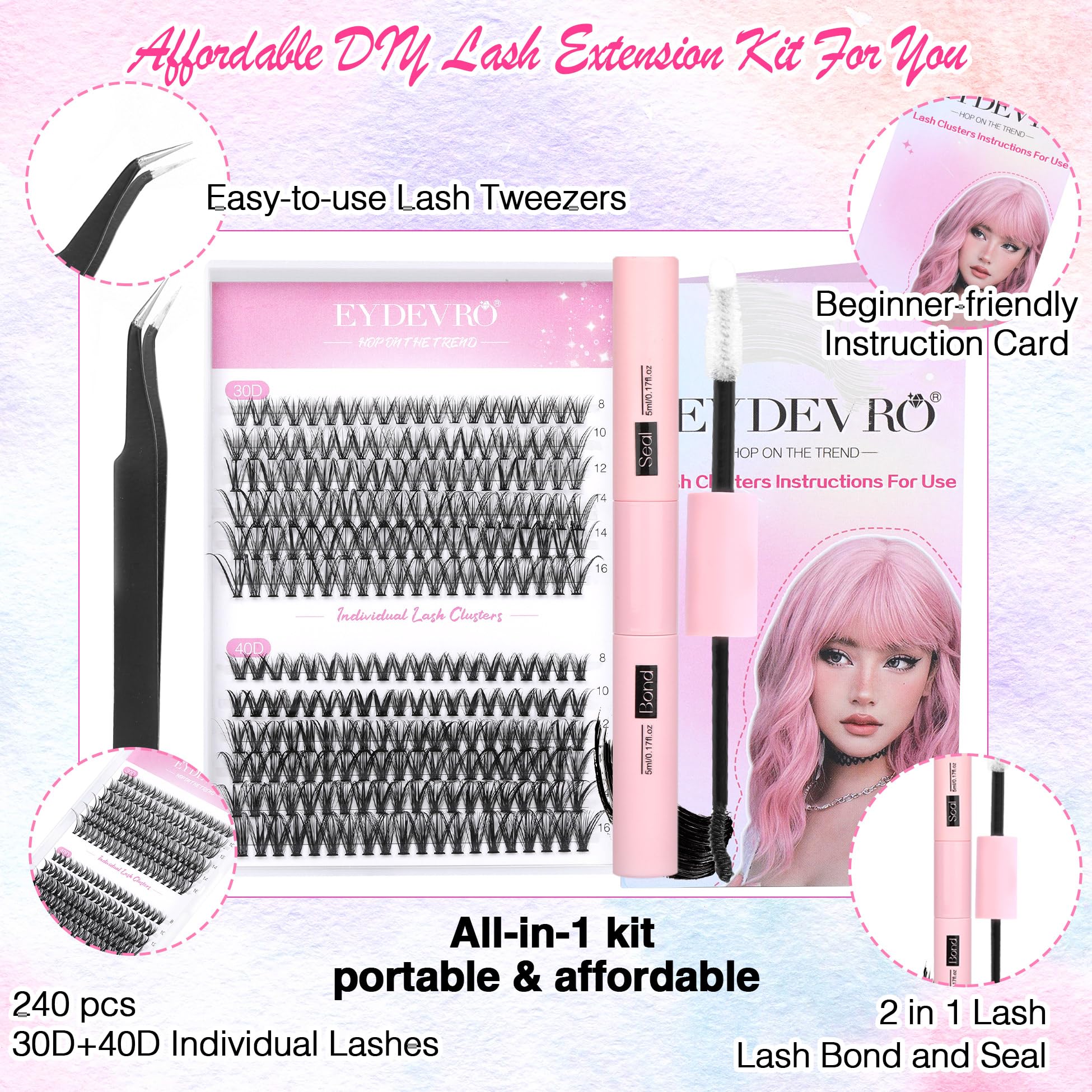 DIY Lash Clusters Eyelash Extension Kit 240 pcs 30D40D Individual Lashes with Lash Bond and Seal and Lash Applicator Tweezers D Curl 8-16mm Mixed Length Lashes by EYDEVRO