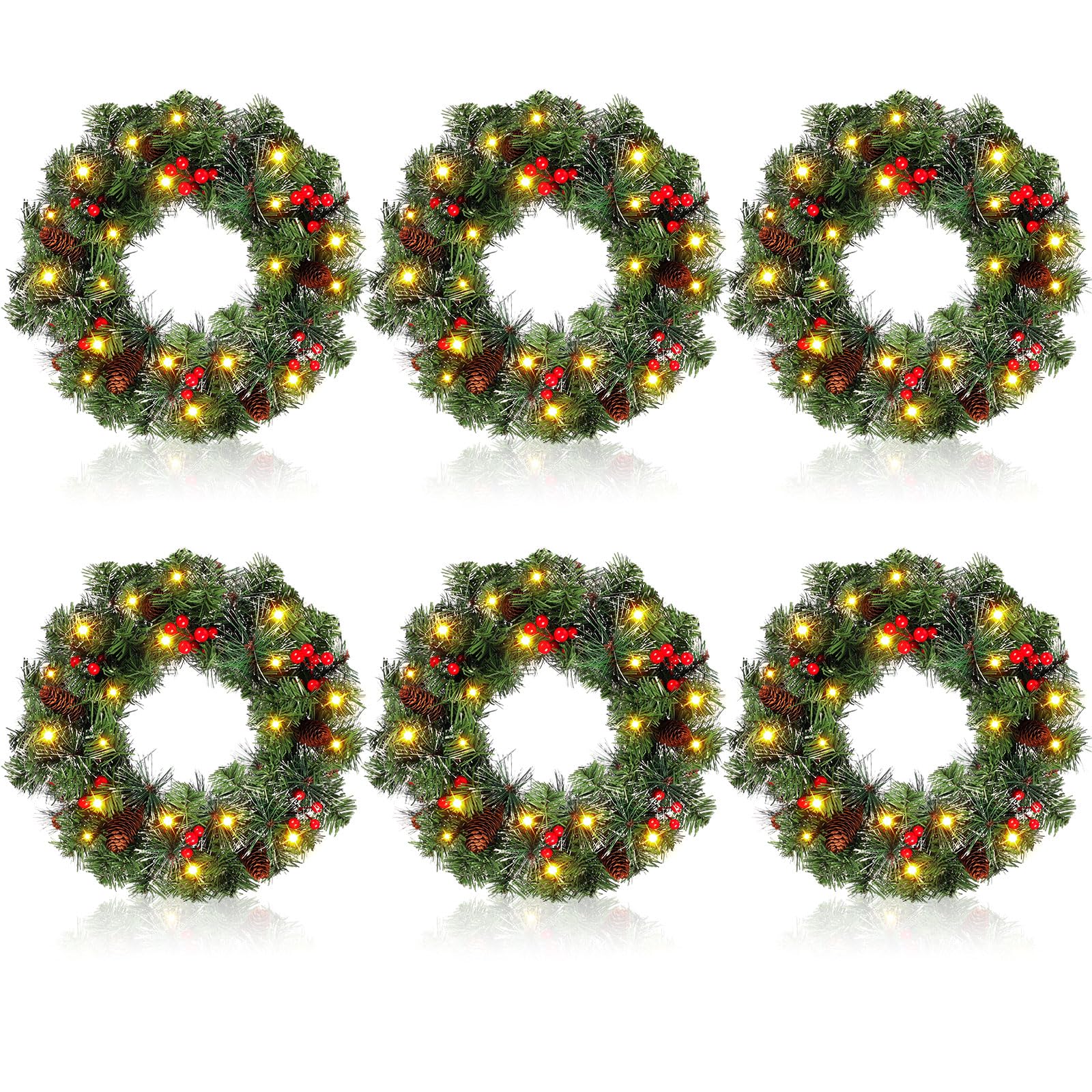 Karenhi 6 Pcs Pre Lit Artificial Christmas Wreath 15 Inch Christmas Wreaths for Front Door with Warm White LEDs Lights Battery Operated Spruce Lighted Wreath for Holiday Party Outdoor Decorations