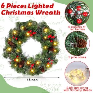 Karenhi 6 Pcs Pre Lit Artificial Christmas Wreath 15 Inch Christmas Wreaths for Front Door with Warm White LEDs Lights Battery Operated Spruce Lighted Wreath for Holiday Party Outdoor Decorations