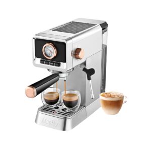 mecity 20 bar espresso machine with milk frother, brushed stainless steel shell, 37 fl.oz water reservoir, coffee maker for espresso, latte, mocha, americano. 1400w