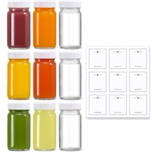 9 pack 2 oz glass shot bottles w/ white lids & 9 labels - small clear jar for ginger, wellness shot, juice, sample, whiskey - travel essentials mini bottles - wide mouth, leakproof, dishwasher safe