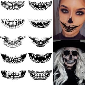 halloween mouth teeth tattoo sticker, halloween temporary tattoos face decals, 10pcs black white horror mouth face tattoo lip stickers, halloween cosplay party masquerade prank makeup props