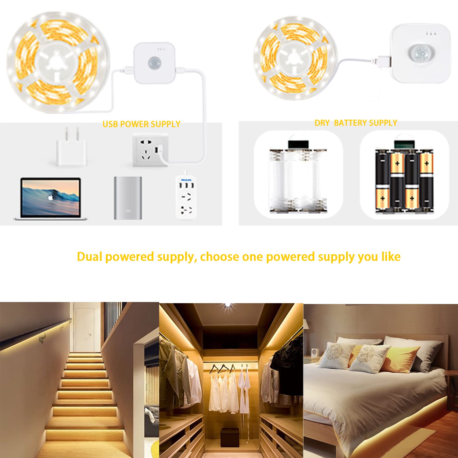 Motion Sensor LED Light Strip with Dual Power Supply and Auto Shut-Off Timer, Night Light, 9.84ft Motion Activated Waterproof LED Strip Light for Kitchen, Cabinet, Bedroom, Shelf, Bed Warm White 2700K