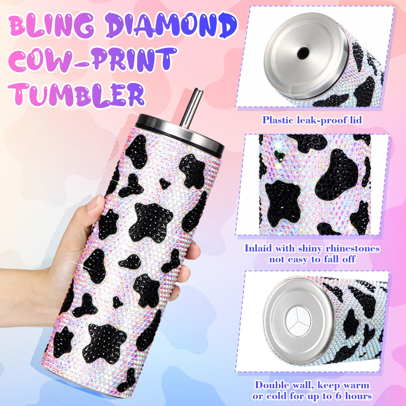 Gejoy 20 oz Bling Diamond Cow Print Stuff Tumbler for Women Rhinestone Stainless Steel Vacuum Insulated Cow Pattern Tumbler for Graduation Birthday Mother's Day Nurse's Day Teacher Appreciation Gifts