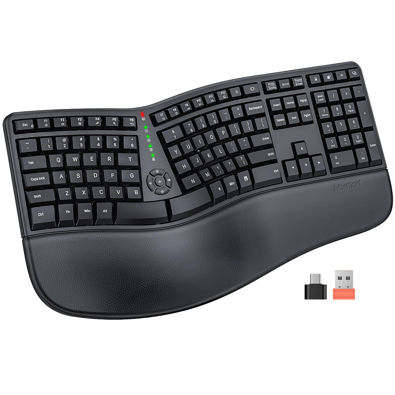 MEETION Ergonomic Keyboard, Split Wireless Keyboard with Cushioned Wrist, Palm Rest, Curved, Natural Typing Full Size Rechargeable Keyboard with USB-C Adapter for PC/Computer/Laptop/Windows/Mac, Black