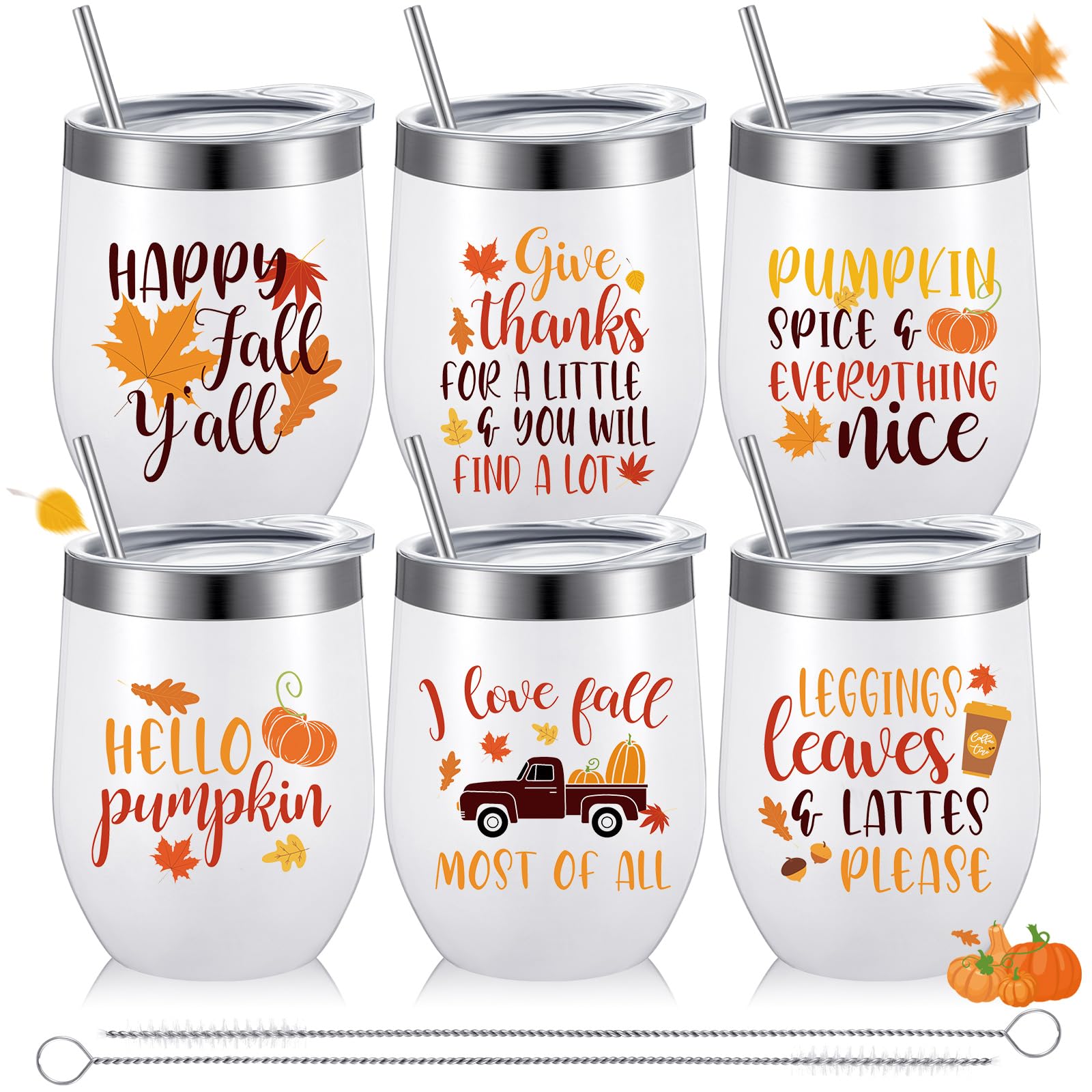 Uiifan 6 Pcs Thanksgiving Happy Fall Y'all 12 oz Wine Tumbler, Novelty Hello Pumpkin Maple Leaves Funny Autumn Gift, Give Thanks Autumn Coffee Mug Decor for Thanksgiving Halloween Party Supplies