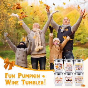 Uiifan 6 Pcs Thanksgiving Happy Fall Y'all 12 oz Wine Tumbler, Novelty Hello Pumpkin Maple Leaves Funny Autumn Gift, Give Thanks Autumn Coffee Mug Decor for Thanksgiving Halloween Party Supplies