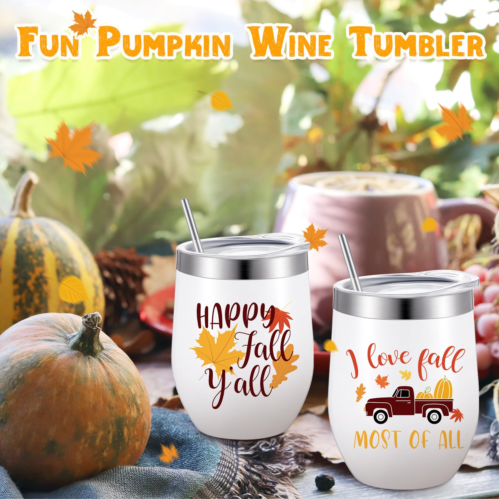 Uiifan 6 Pcs Thanksgiving Happy Fall Y'all 12 oz Wine Tumbler, Novelty Hello Pumpkin Maple Leaves Funny Autumn Gift, Give Thanks Autumn Coffee Mug Decor for Thanksgiving Halloween Party Supplies