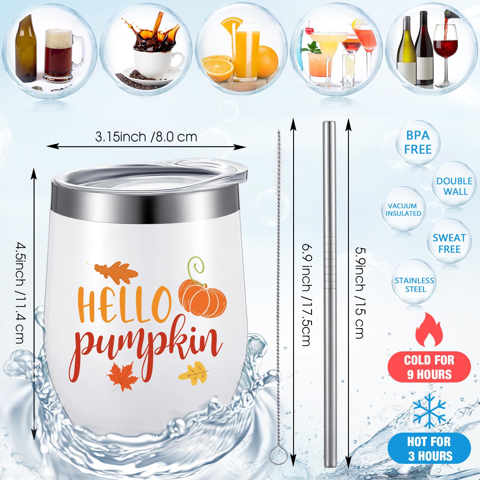 Uiifan 6 Pcs Thanksgiving Happy Fall Y'all 12 oz Wine Tumbler, Novelty Hello Pumpkin Maple Leaves Funny Autumn Gift, Give Thanks Autumn Coffee Mug Decor for Thanksgiving Halloween Party Supplies