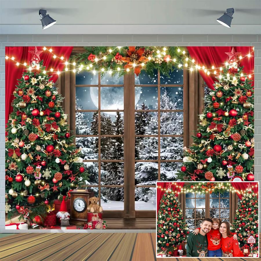 CYLYH 7x5ft Christmas Backdrop Xmas Window Photography Backdrop Winter Dream Wonderland Snow Tree Red Curtain Christmas Festival Party Banner Backdrop