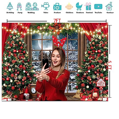 CYLYH 7x5ft Christmas Backdrop Xmas Window Photography Backdrop Winter Dream Wonderland Snow Tree Red Curtain Christmas Festival Party Banner Backdrop