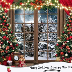 CYLYH 7x5ft Christmas Backdrop Xmas Window Photography Backdrop Winter Dream Wonderland Snow Tree Red Curtain Christmas Festival Party Banner Backdrop