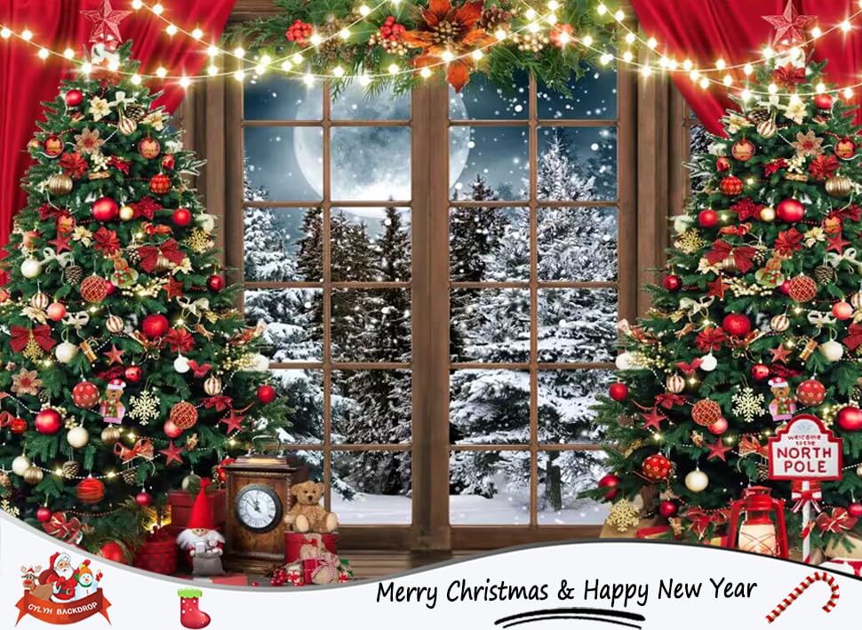 CYLYH 7x5ft Christmas Backdrop Xmas Window Photography Backdrop Winter Dream Wonderland Snow Tree Red Curtain Christmas Festival Party Banner Backdrop